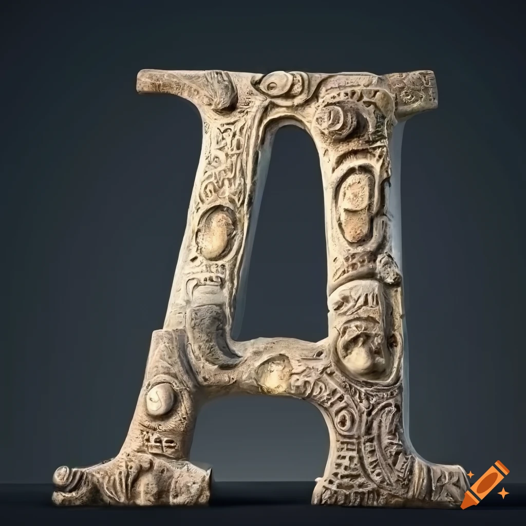 Ultra realistic stone letter m with etruscan masks