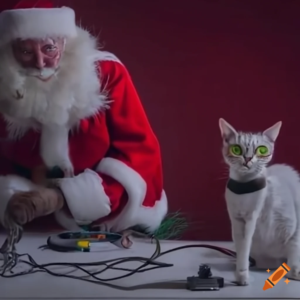 Santa helping an alien cat repair spaceship