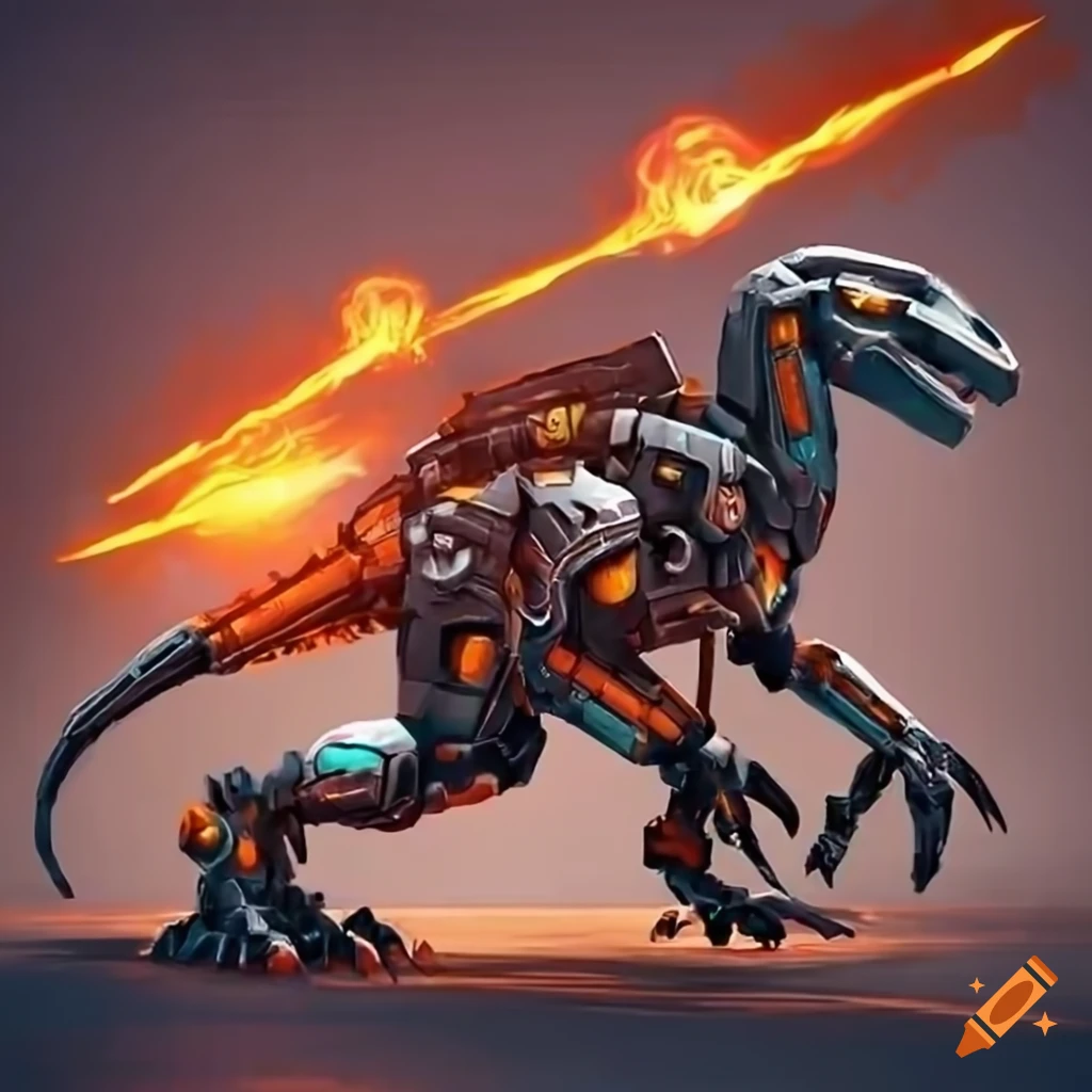 Detailed robotic velociraptor with flame throwers