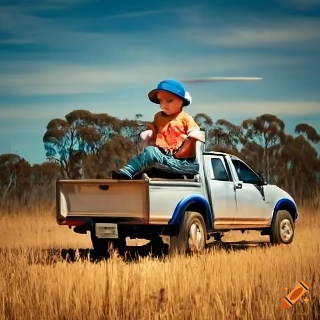 Boy riding beside a pickup truck in rural australia