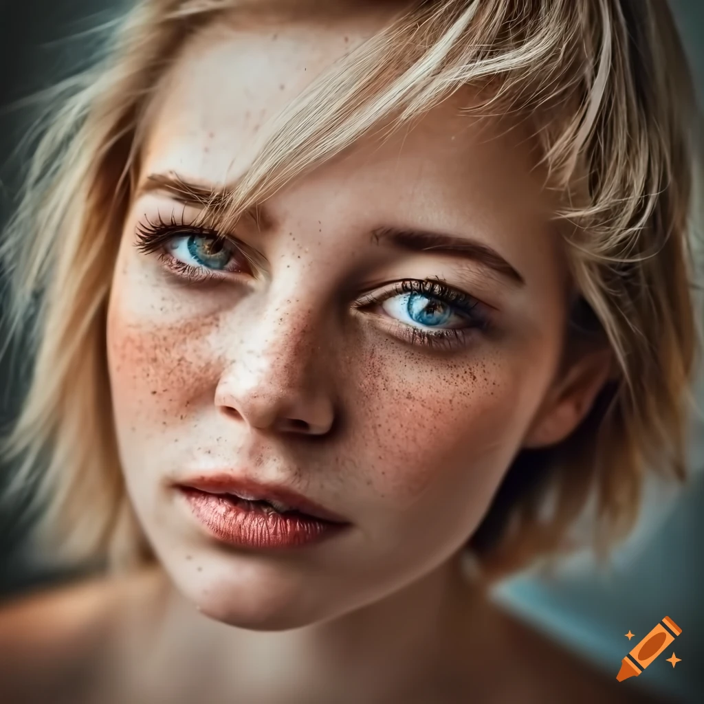 Tanned skin, freckles, dark brown hair, brown eyes on Craiyon