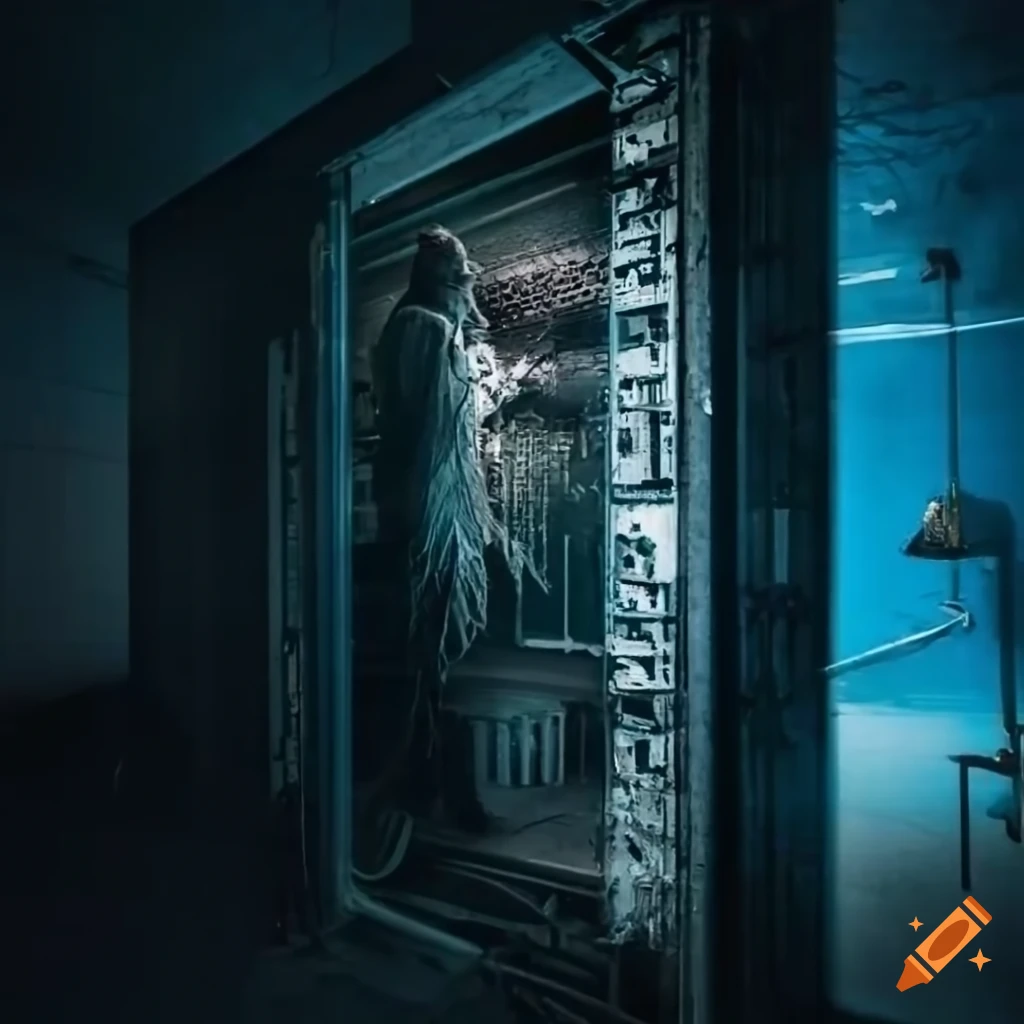 Eerie image of a ghost in an abandoned server room on Craiyon