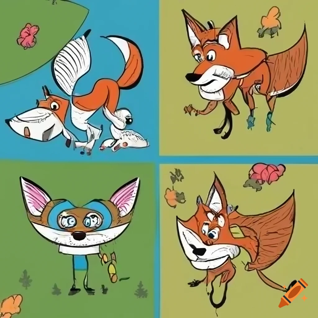 Colorful comic strip of a fox's forest adventures on Craiyon