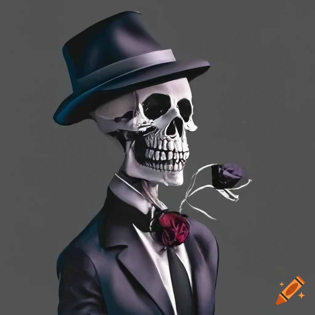 Dark artwork of a skeleton holding a black rose on Craiyon