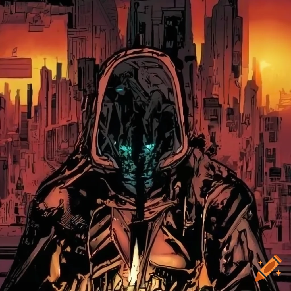 Dark sci-fi city comic illustration