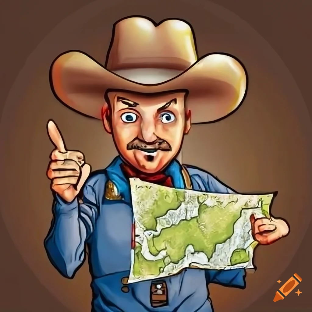 Cartoon drawing of a cowboy pointing at a map on Craiyon