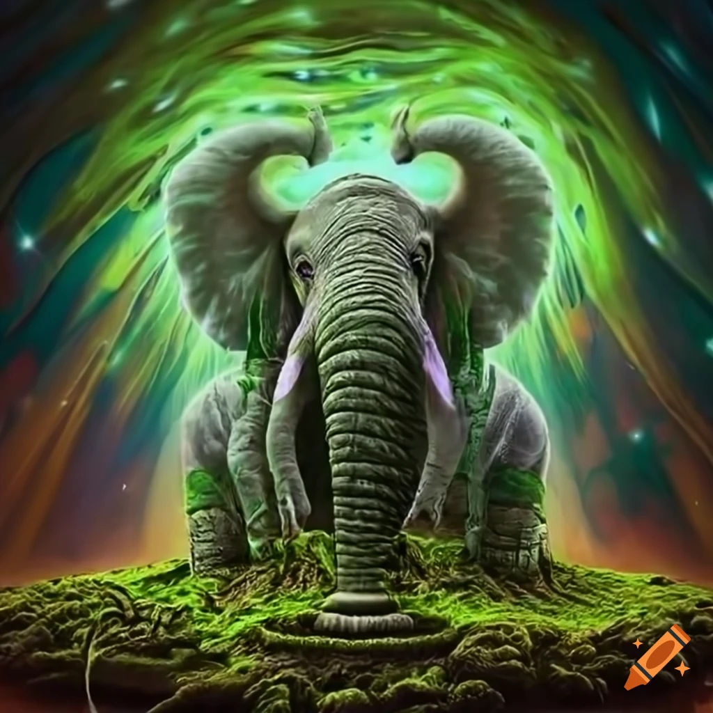 Epic artwork of a moss god elephant ruling over multiple dimensions