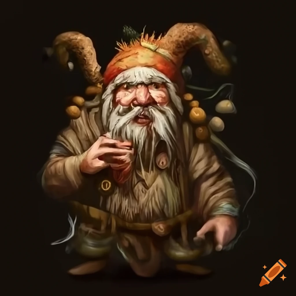Illustration of an old dwarf shaman with a mushroom hat