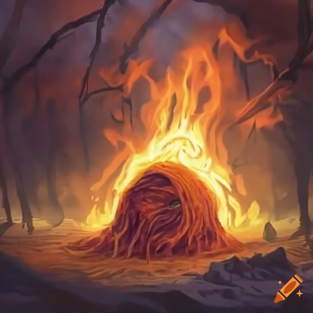 Image of a burning haystack at night with a monster emerging