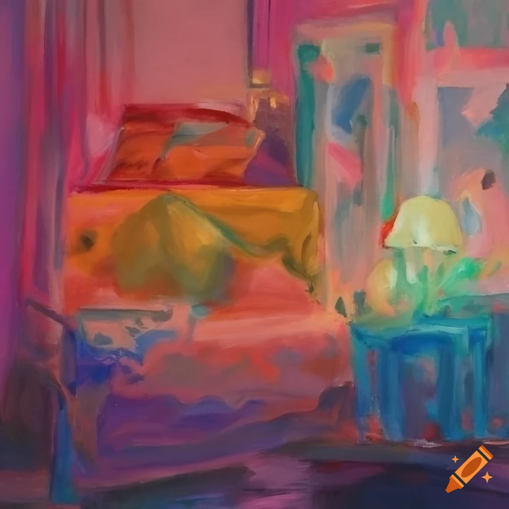 Oil pastel artwork of a dorm room