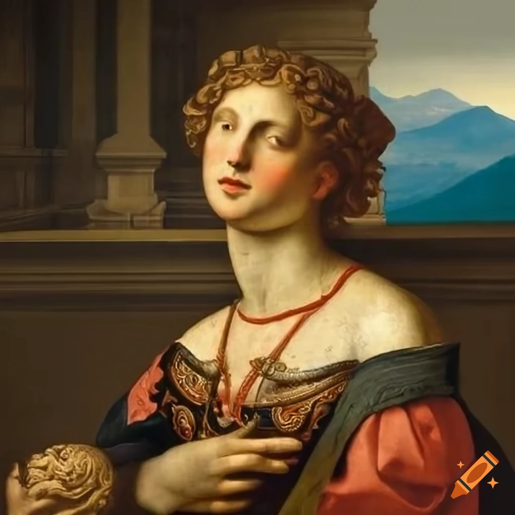 Renaissance painting with Greek sculpture and mountains on Craiyon