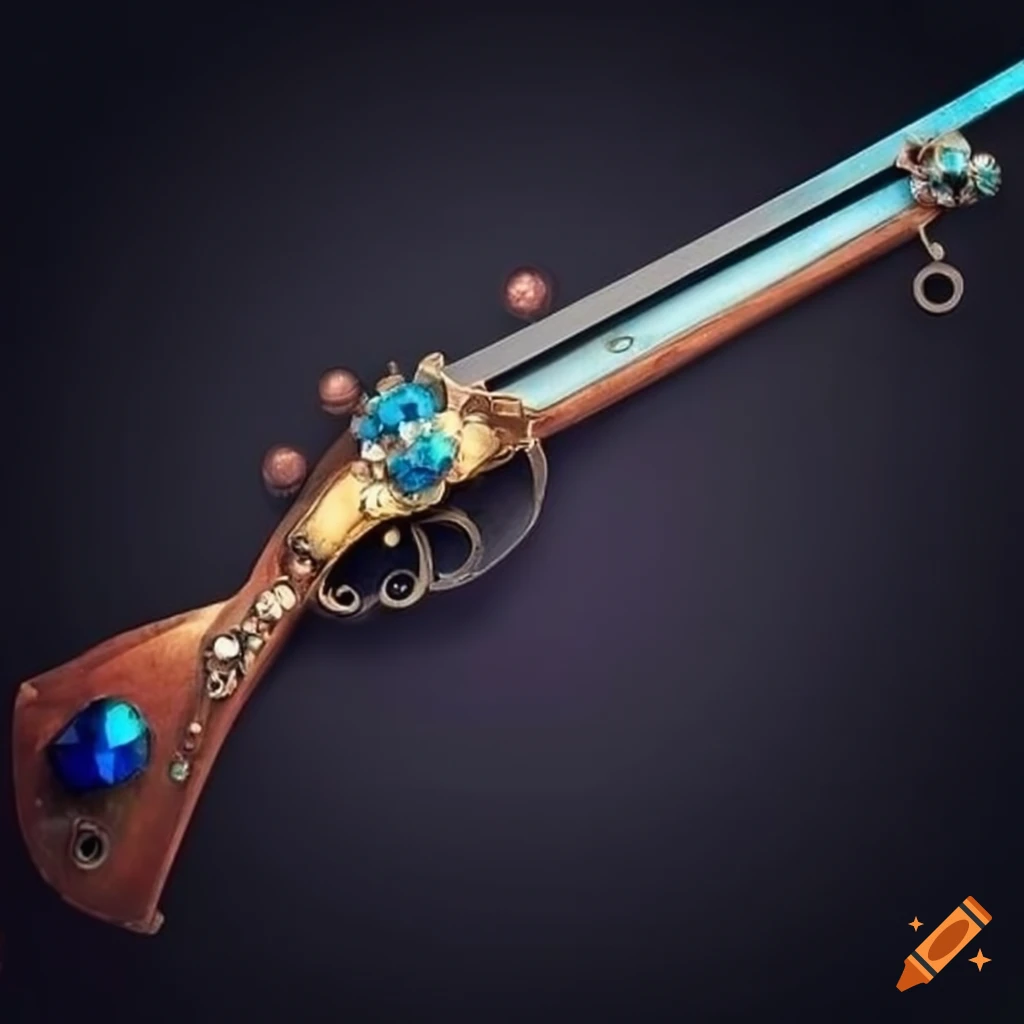 Steampunk-inspired arquebus with blue gems on Craiyon