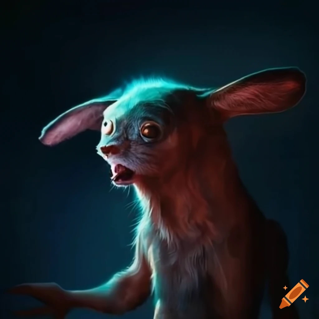 Unique cryptid with yellow fur grinning in a dark alleyway on Craiyon