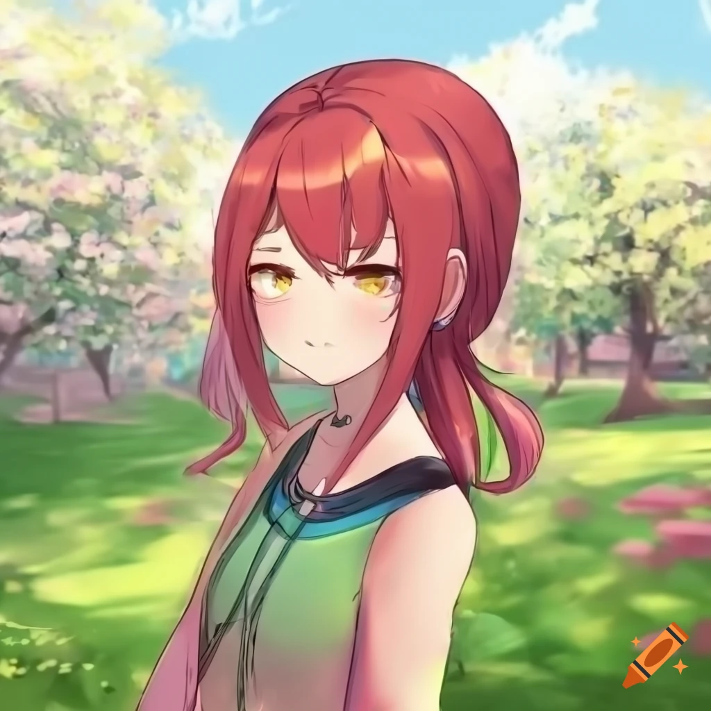 Anime character in spring attire at a park