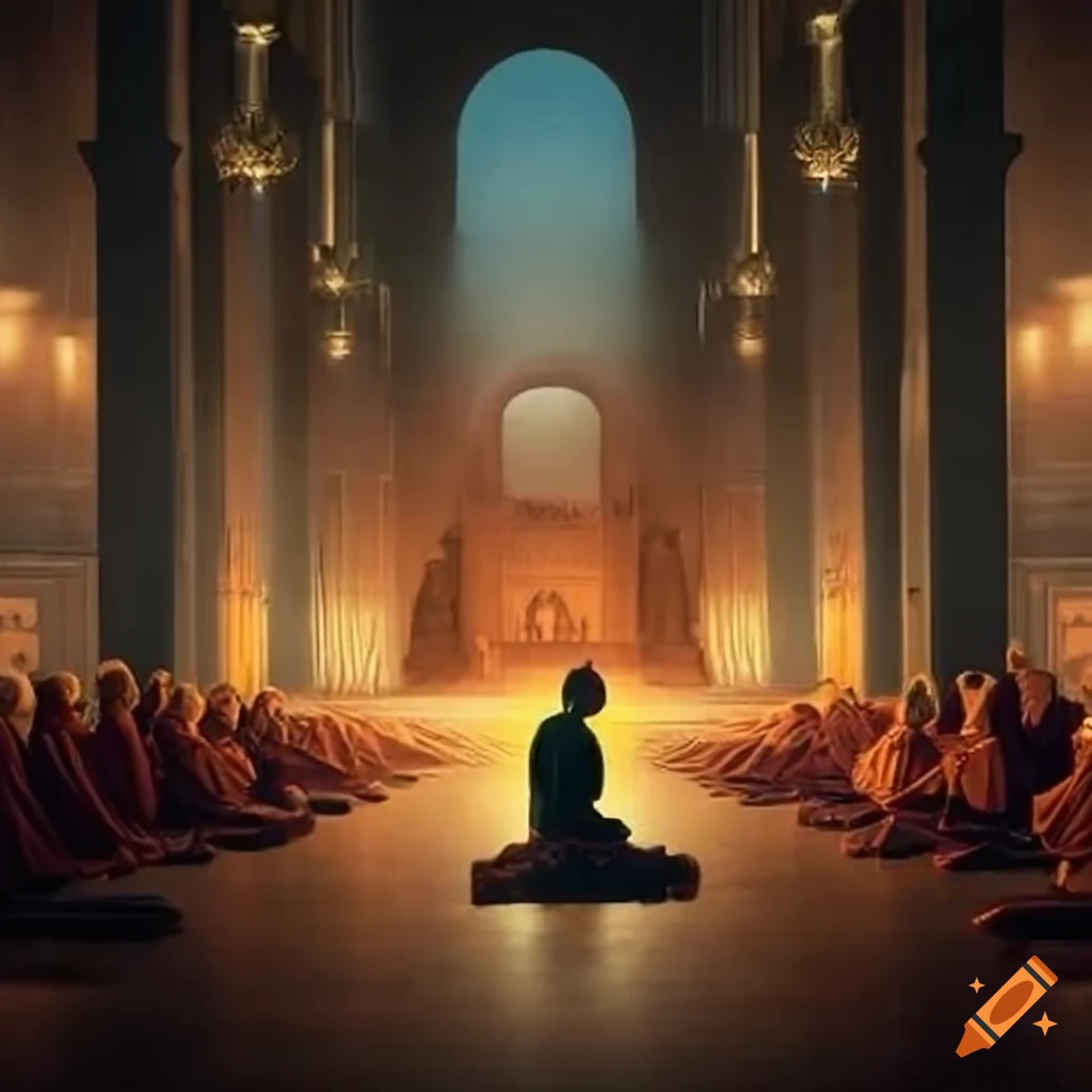 Monk teaching software to disciples in a big hall on Craiyon