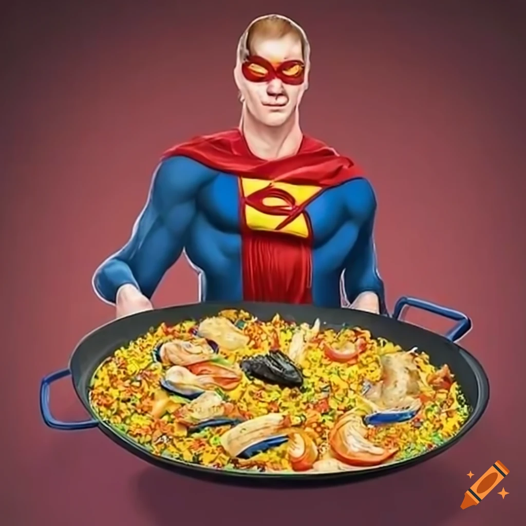 Funny superhero dressed as a paella dish