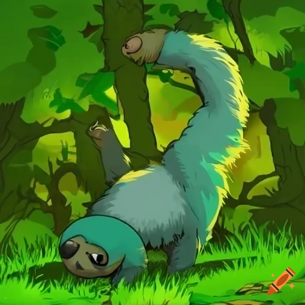 Sloth pokemon relaxing on a tree in a sunny prairie on Craiyon