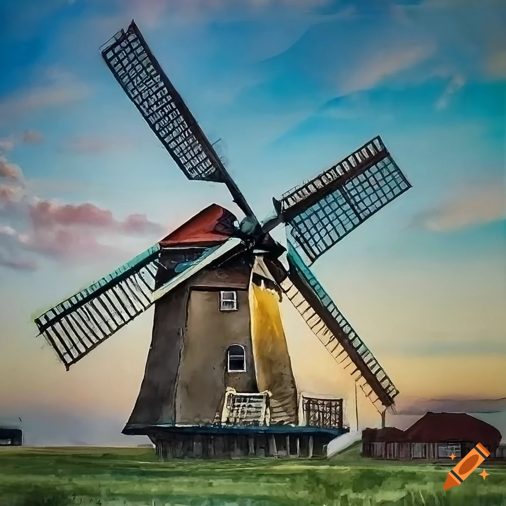 Intricate watercolor painting of a dutch windmill in salvador dali's ...