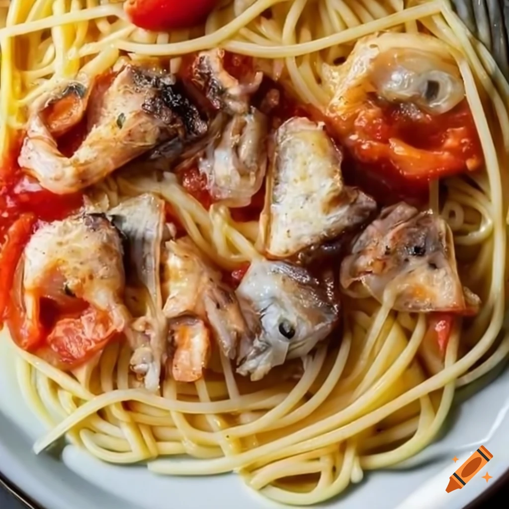 Spaghetti with fish heads, cheese and tomato sauce on Craiyon