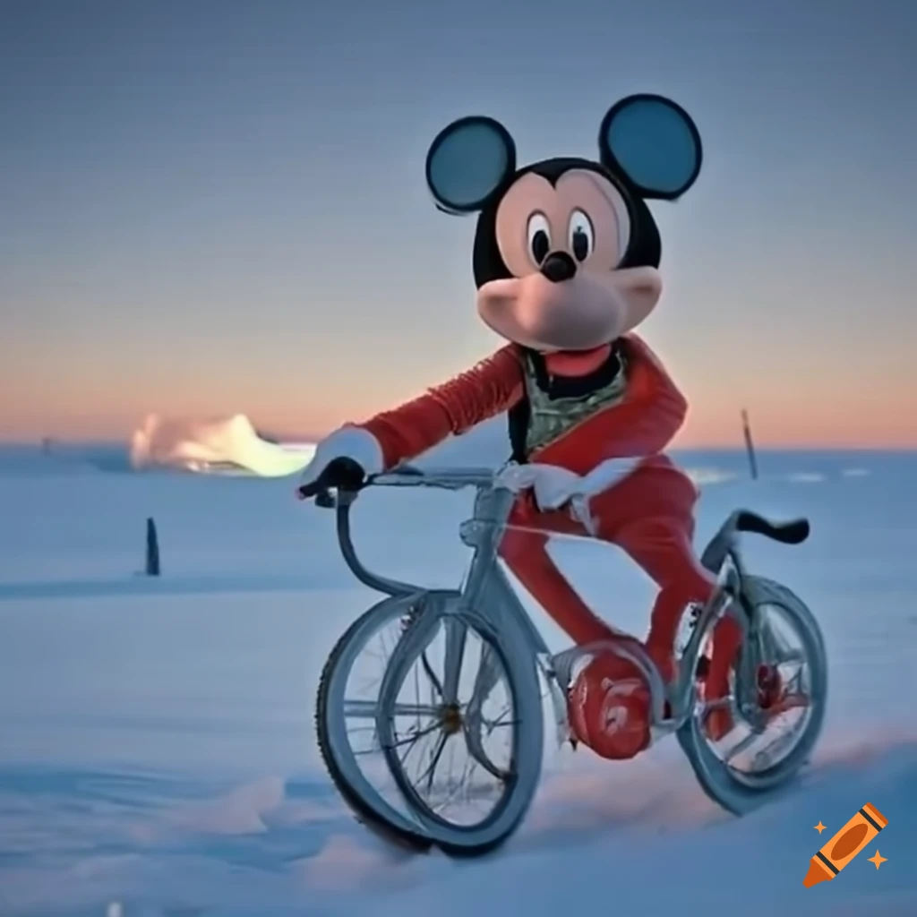 Mickey Mouse riding a bike at the North Pole on Craiyon