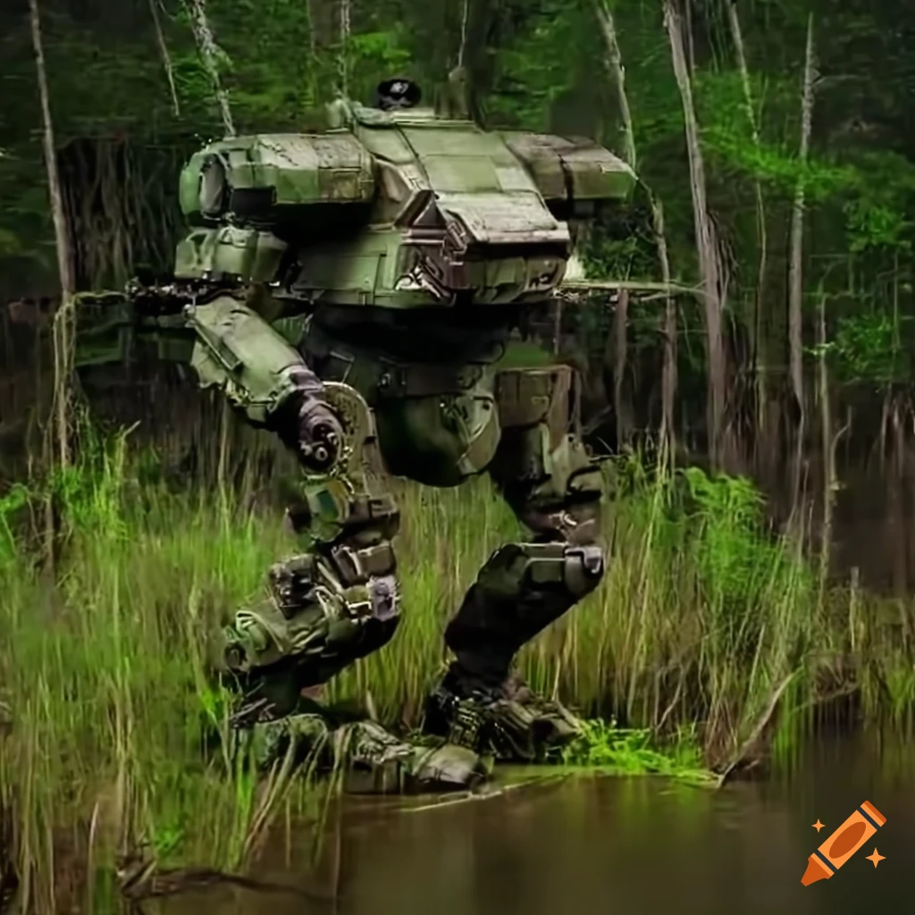 Light Armored Mech in marsh at night on Craiyon