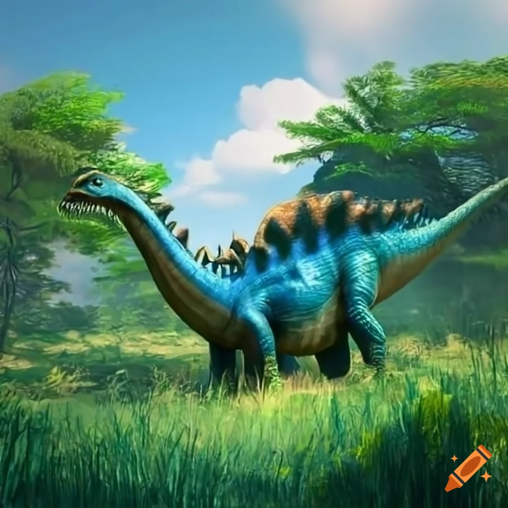 Giant blue stegosaurus in tall vegetation