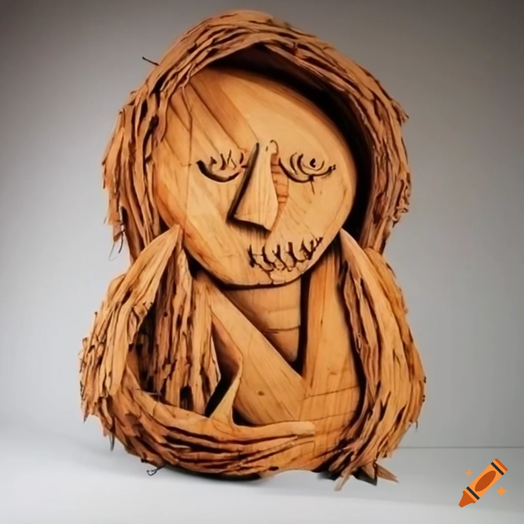 Wooden character sculpture artwork on Craiyon