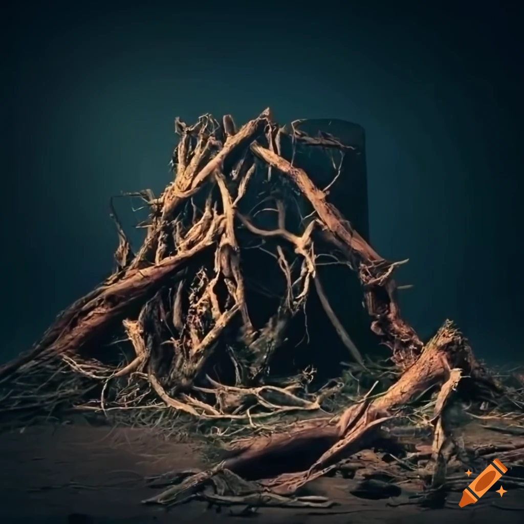 Abstract artwork of tangled branches in a deserted landscape on Craiyon