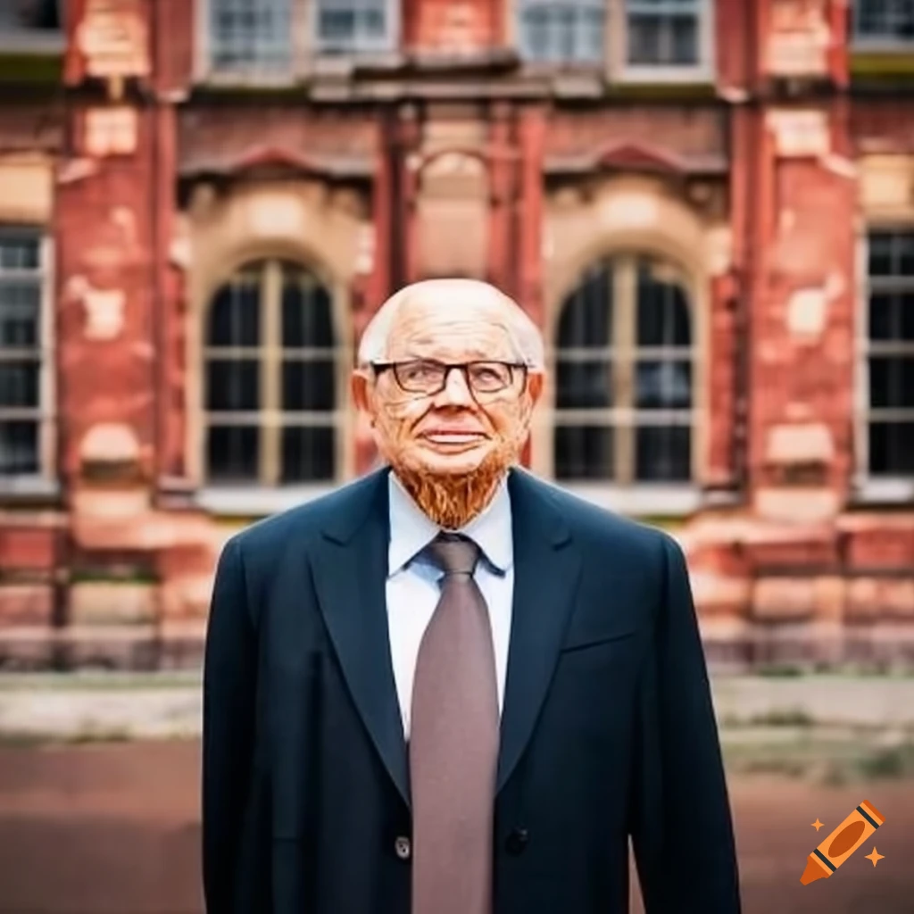 Proud principal standing in front of an old school on Craiyon