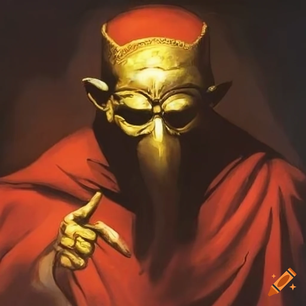 Dark fantasy art of a red-robed priest with a golden mask on Craiyon