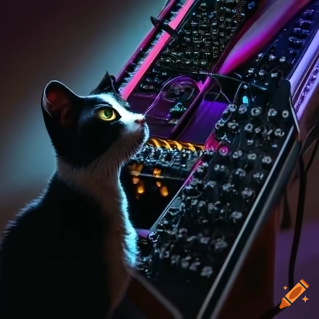 Cinematic still of a cat playing a synthesizer on Craiyon