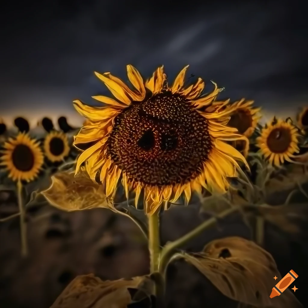 Photographic image of a spooky sunflower field at night on Craiyon