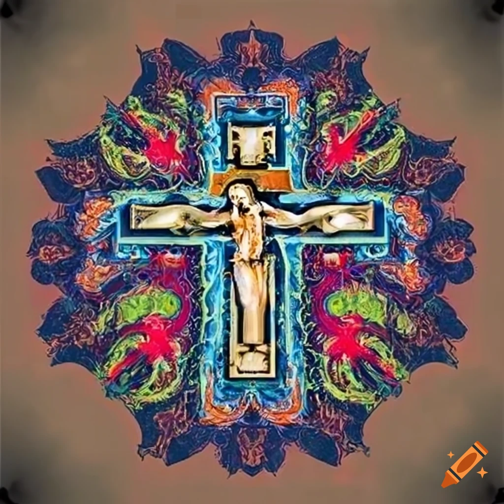 Symmetrical hd logo design featuring a crucified saint on Craiyon