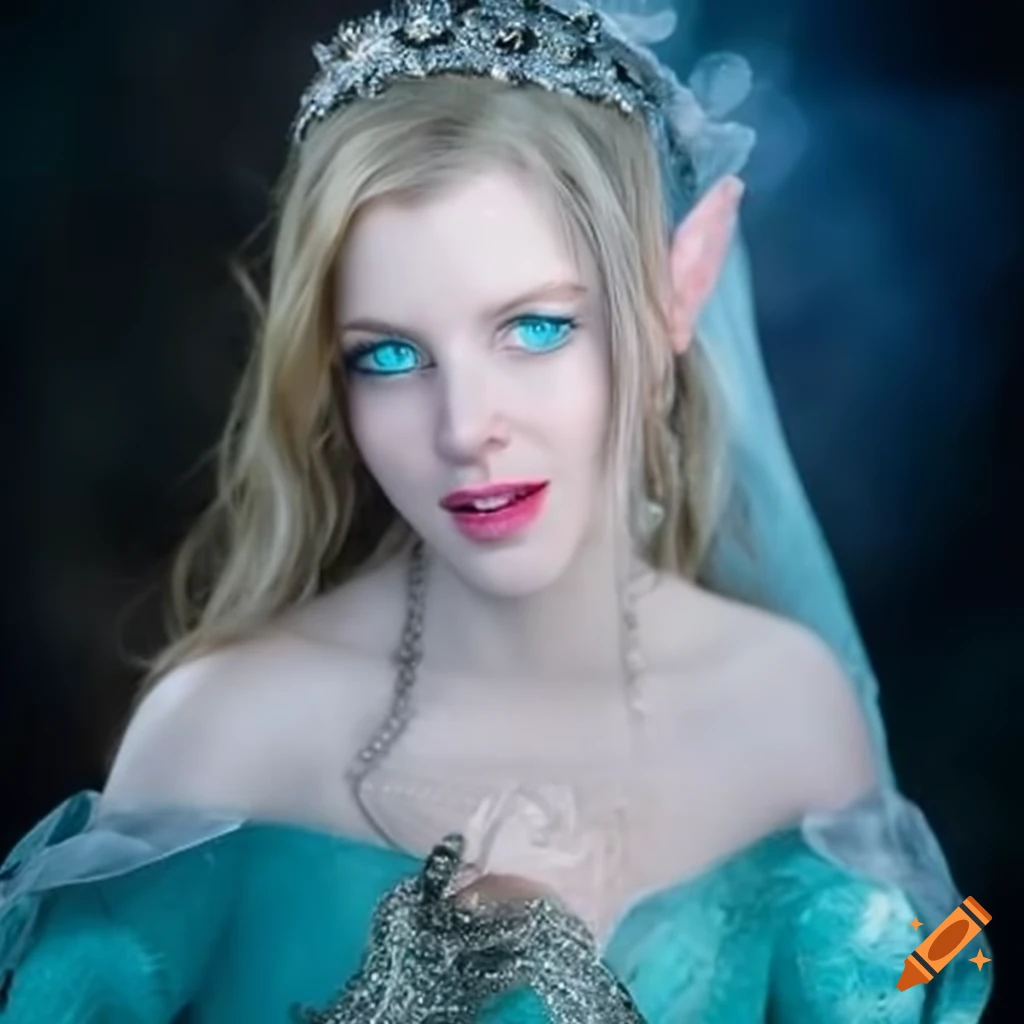 Cosplay of a curvy elven queen with teal hair on Craiyon