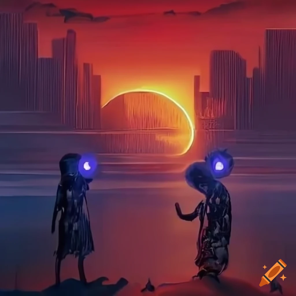 Artistic representation of ai and human under a beautiful sunset on Craiyon