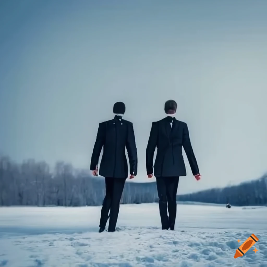 Two men in black suits in the snowy landscape on Craiyon
