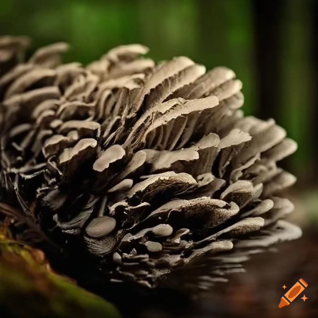 Close-up of a maitake mushroom cluster in the forest