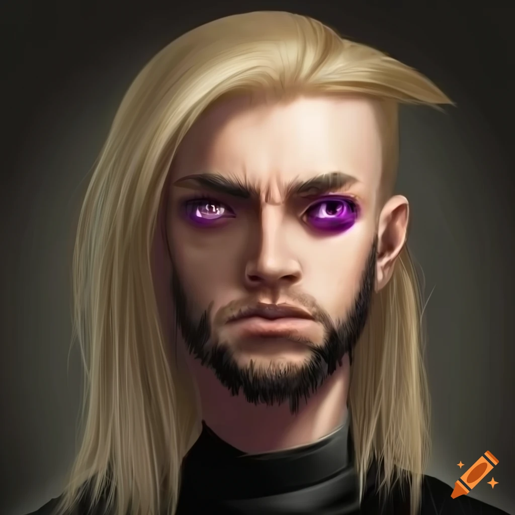 Portrait of a man with long blond hair and purple eyes on Craiyon