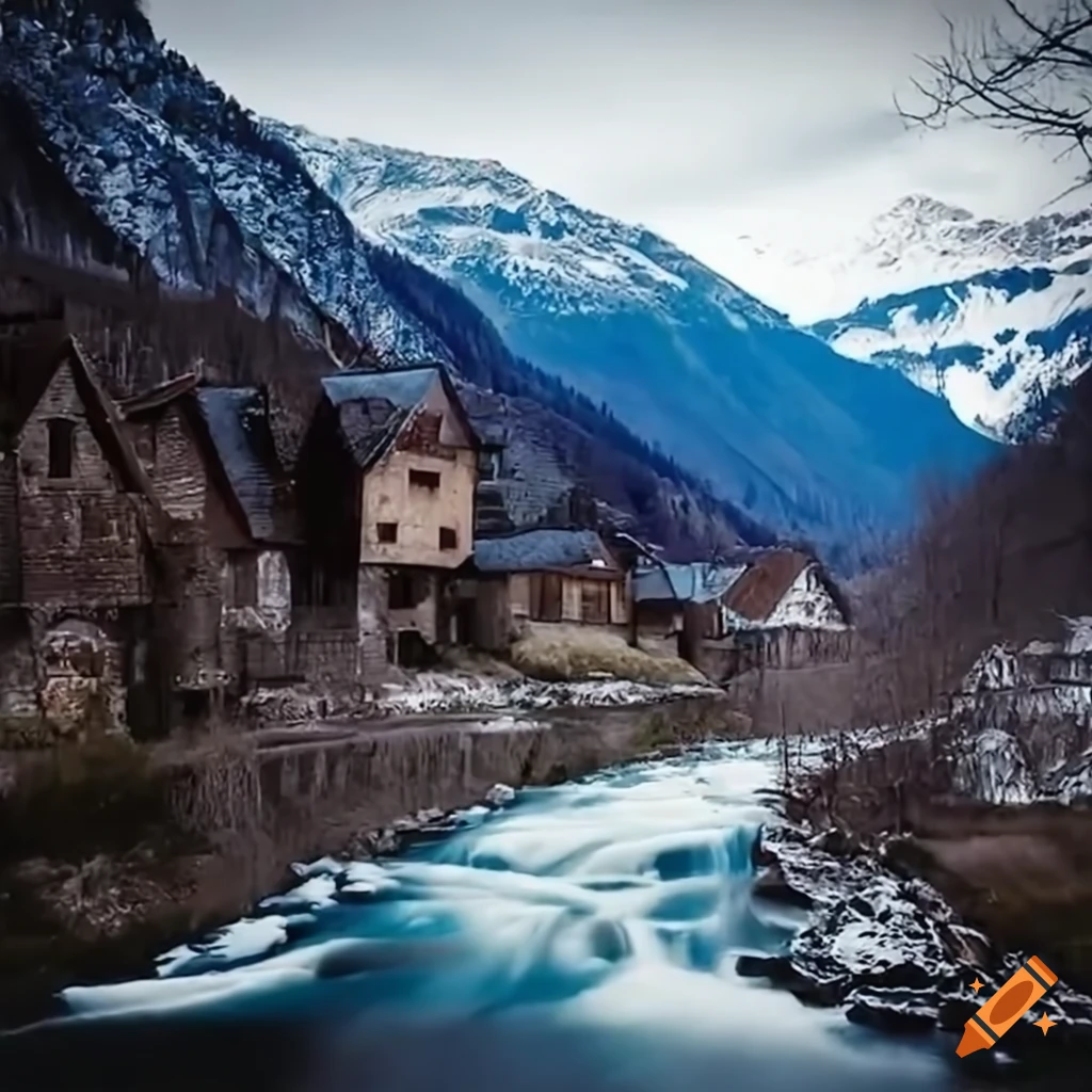 Medieval village in snowy mountains on Craiyon