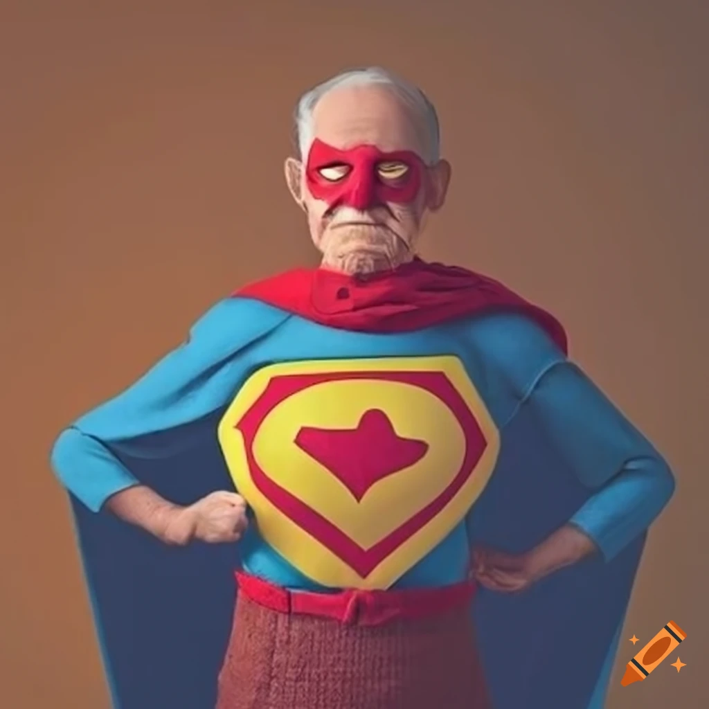 Humorous image of an elderly superhero with a dad bod