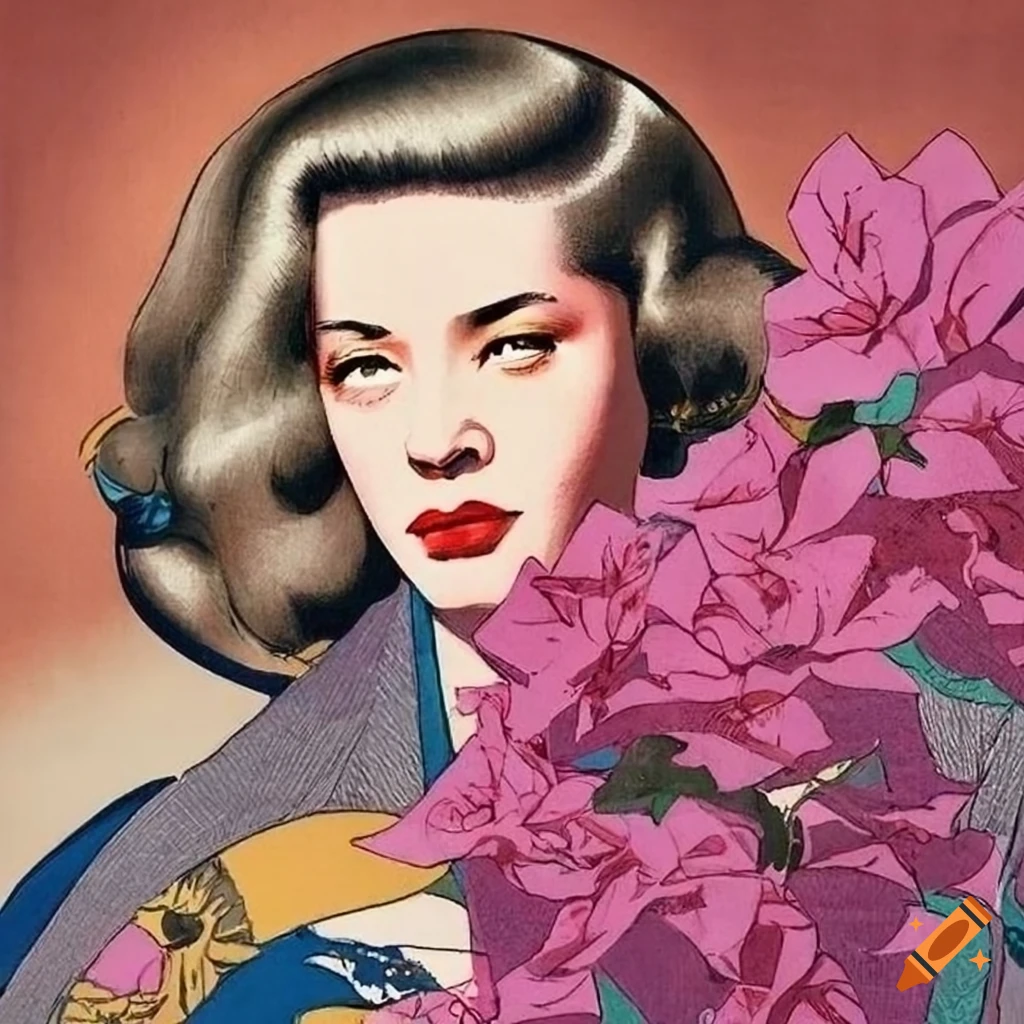 Ukiyoe of lauren bacall with bougainvillea on Craiyon