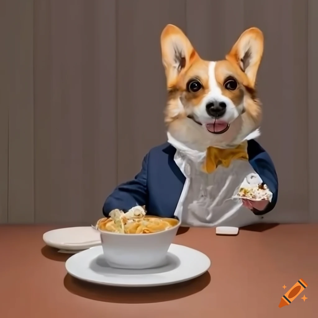 Corgi wearing a suit eating noodles at a table on Craiyon