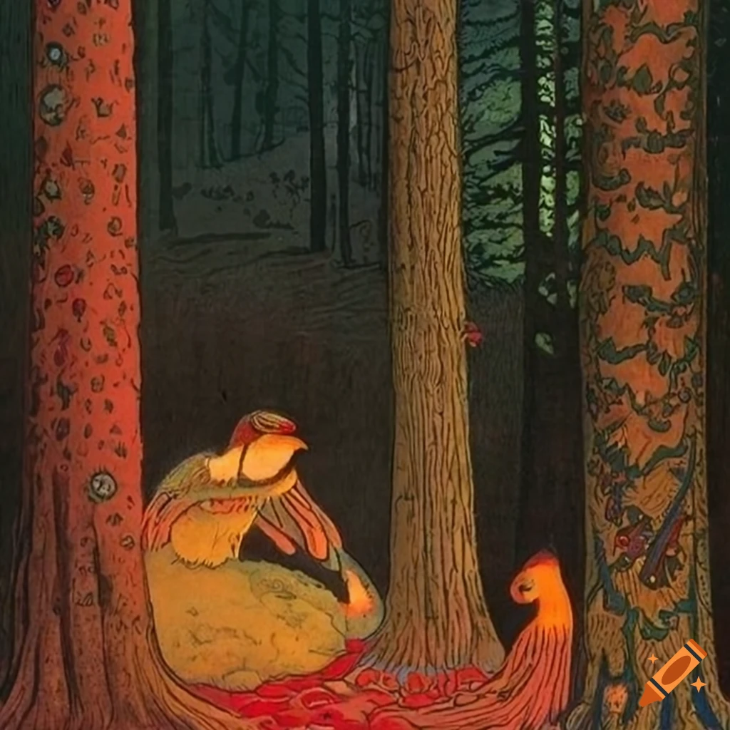 Illustration of a forest scene with native salish and russian fairytale ...