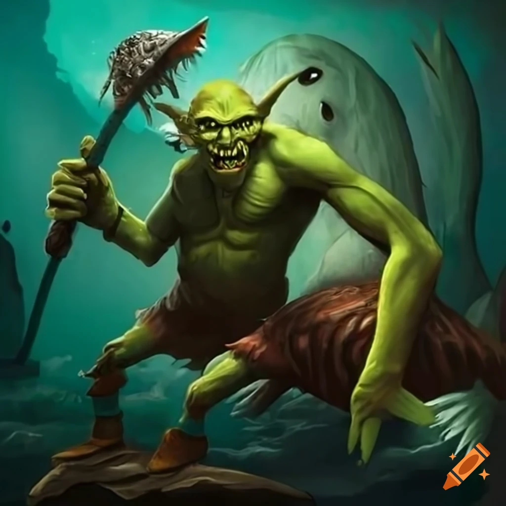 Illustration of goblins attacking a giant fish on Craiyon