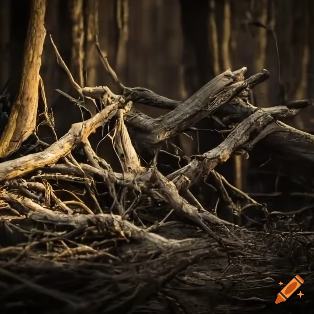 Chaotic close-up of a heap of thrashed branches on Craiyon