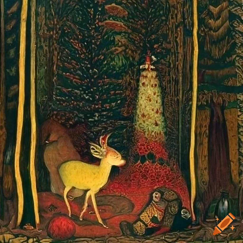 Festive christmas forest illustration with native salish and russian ...