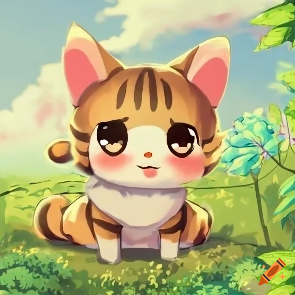 Chibi cat in a scenic countryside
