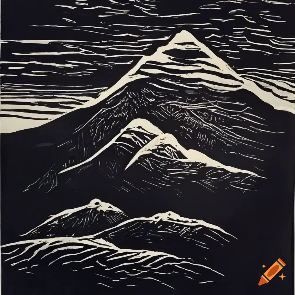 Linocut artwork of a train in the mountains on Craiyon