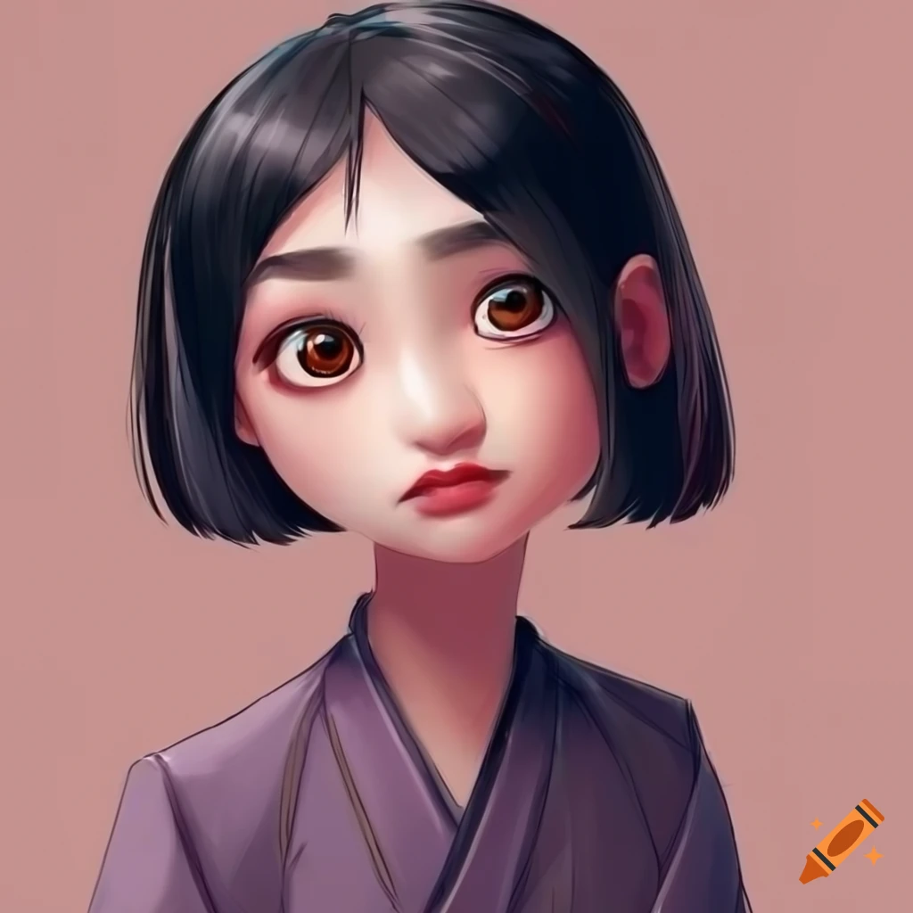 Japanese girl in Disney Pixar style with long black hair and brown eyes ...