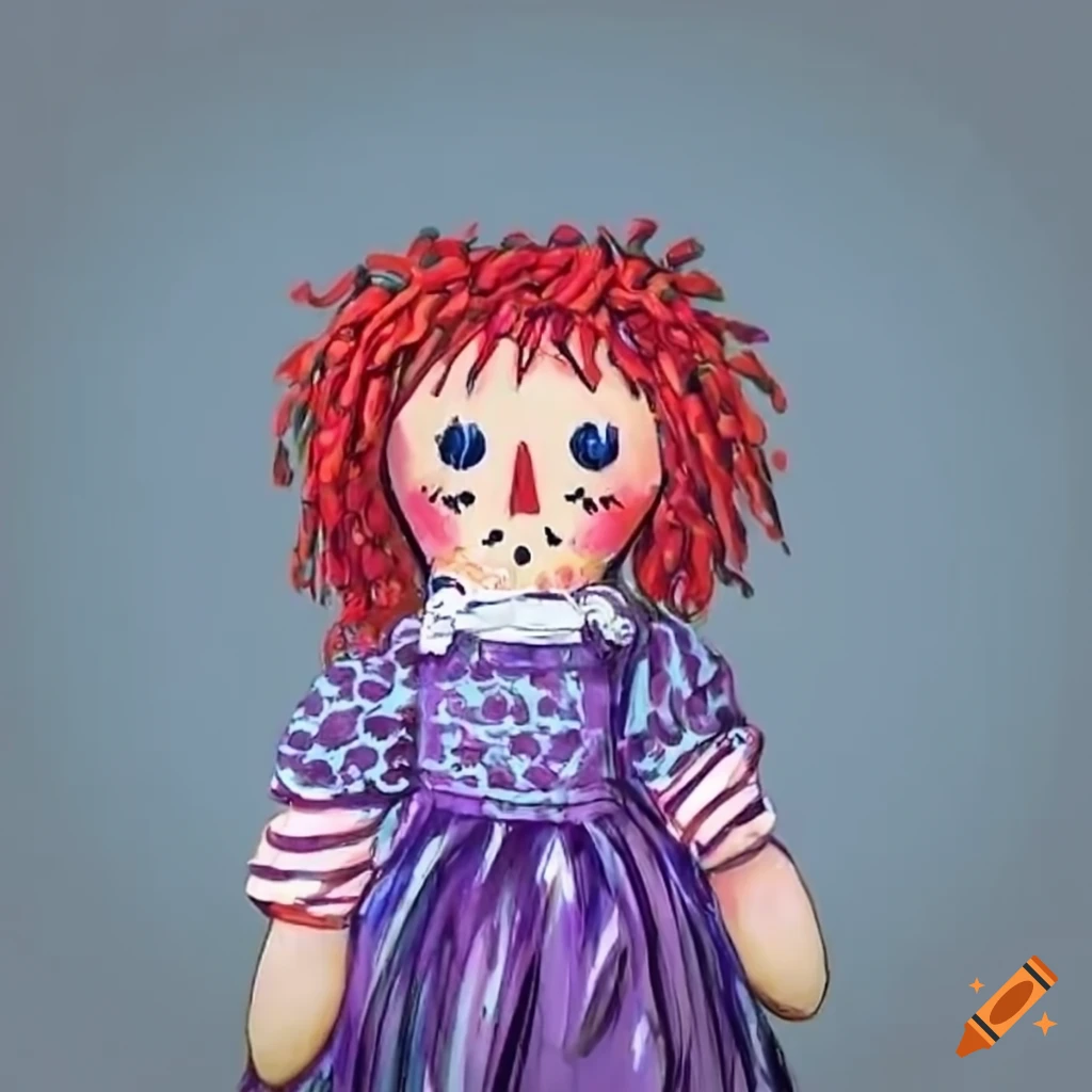 Huge raggedy ann doll standing on a carpet with fine details, asking a ...